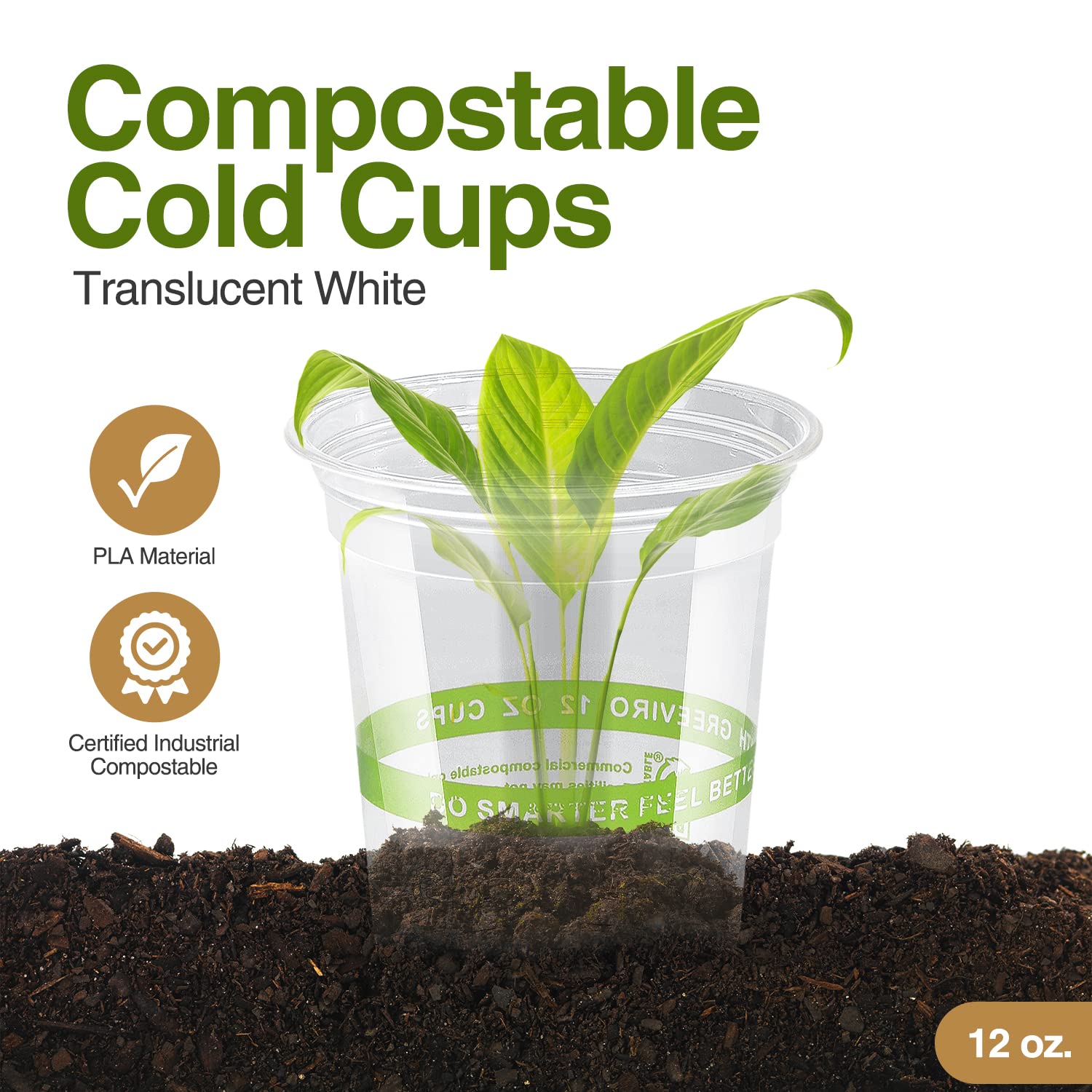 GREEVIRO Eco Compostable Plant-Based Clear Plastic Cups 12oz Thick, Reusable, Disposable Iced Coffee Cups for Smoothies, Beer & Any Beverages for Parties, Weddings & Gatherings
