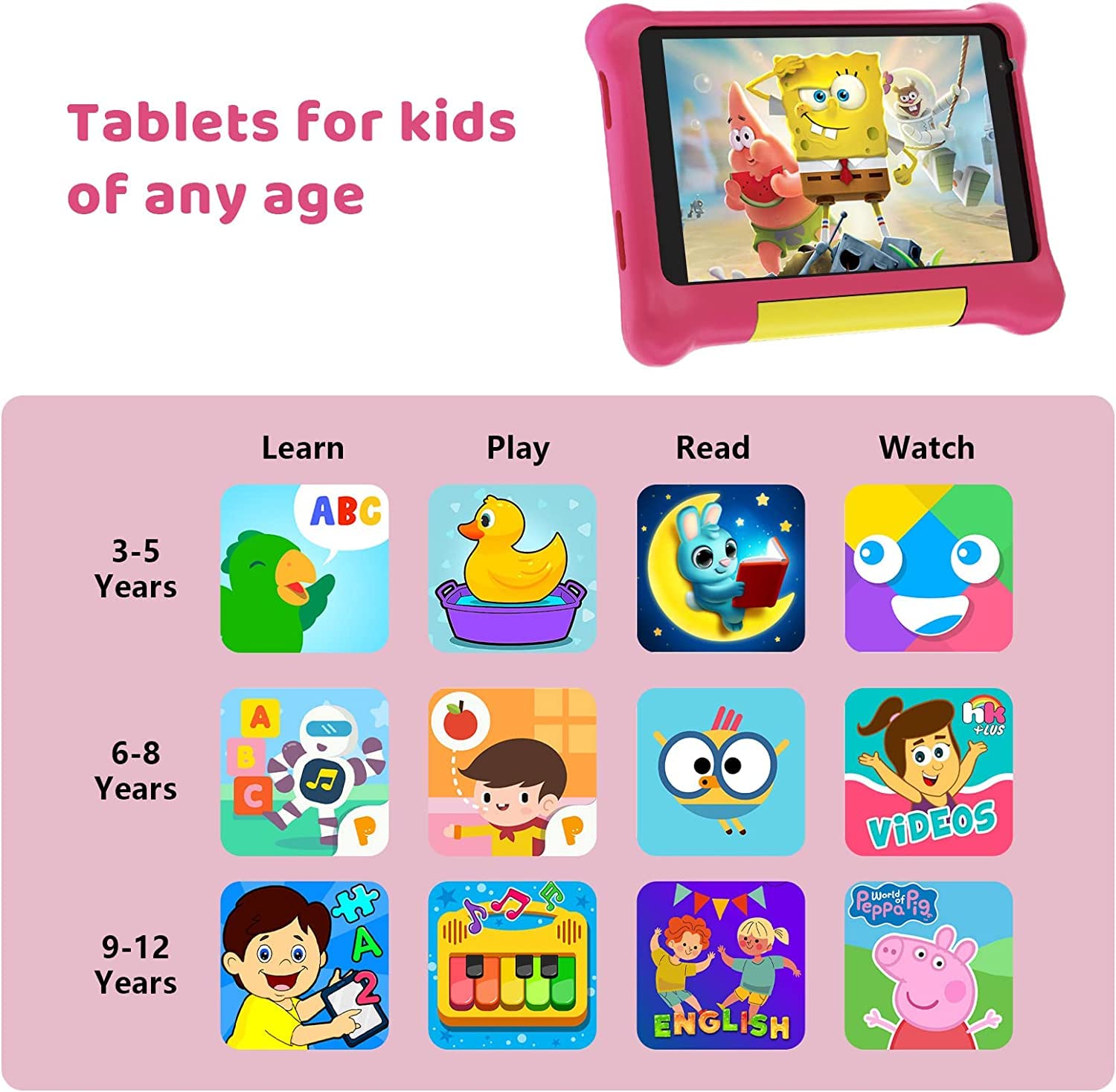 HiGrace Tablet for Kids, 7 inch Android 12 Kids Tablet 2GB RAM + 32GB ROM, HD Display, Quad Core, 128GB Expansion, Dual Camera, Wi-Fi Tablet for Children (Pink)