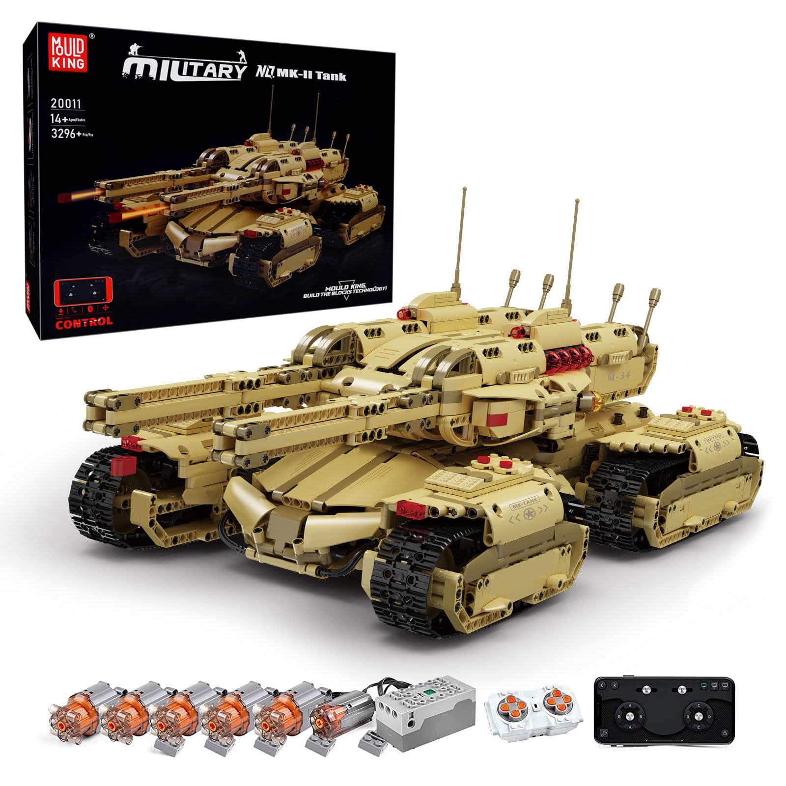 Mould King 20011 Technology MOC Building Block Tank, Remote Control Rechargeable Military Mammoth Tank, RC Tank Model Kits for Adult