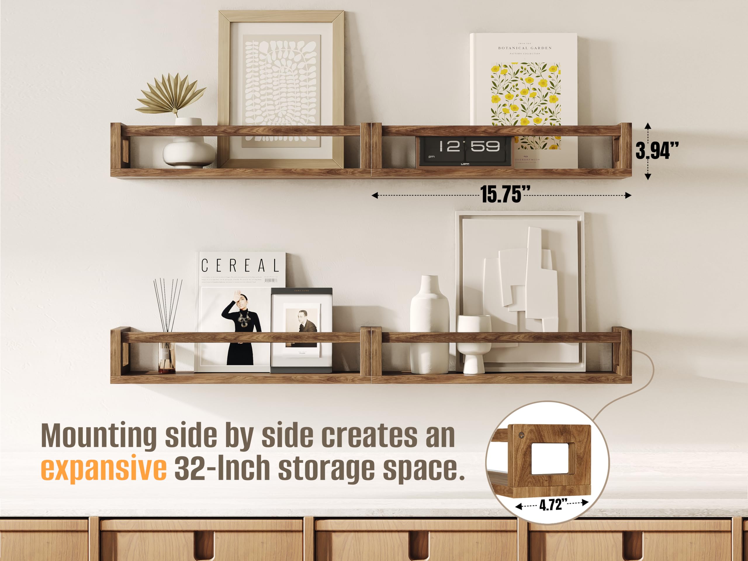 TidyCorner Upgraded Thick Floating Shelves - Multi-Use Wall-Mounted Bookshelves for Kids and Nursery, Ideal for Books, Toys, Spice Rack, Decor - Walnut Brown