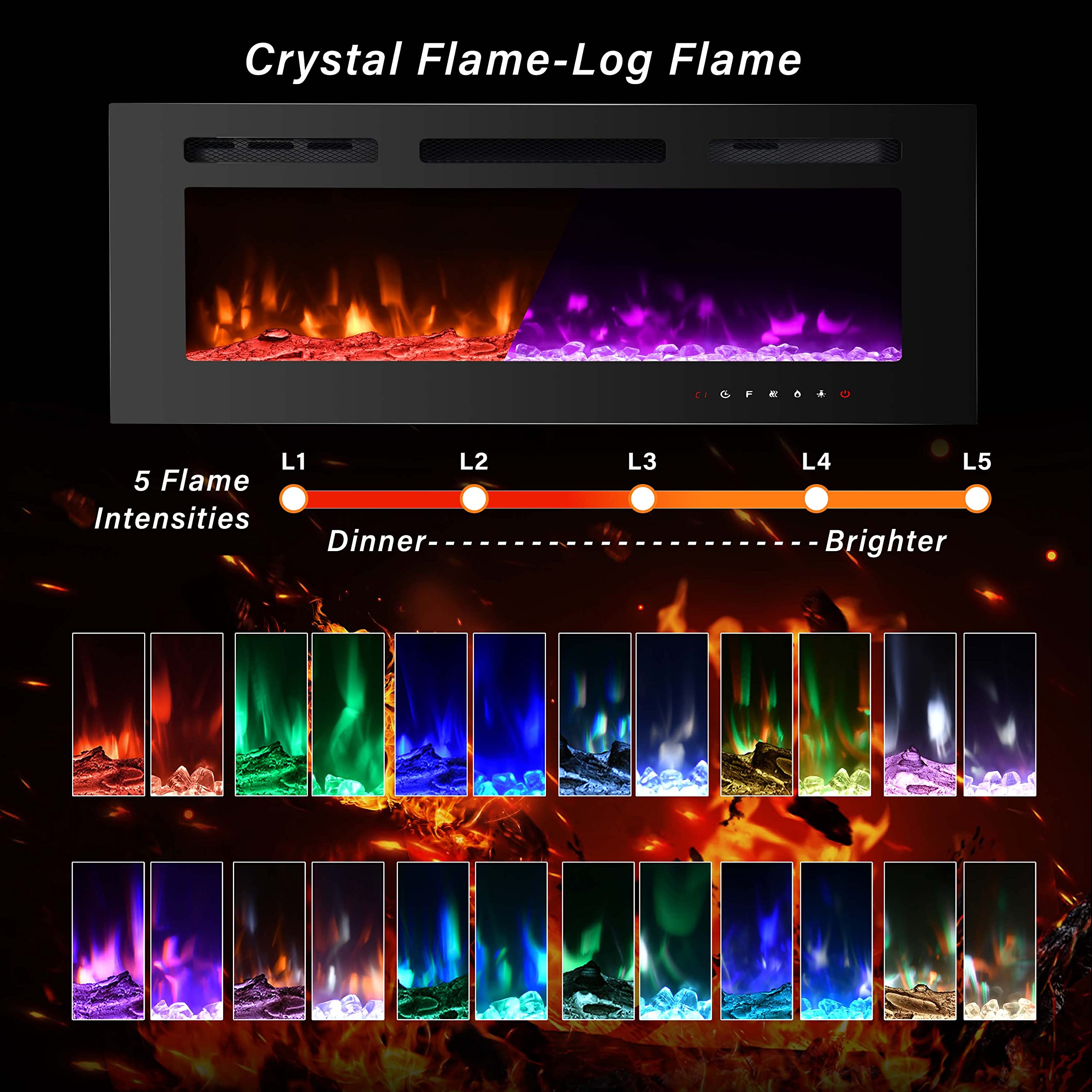 Homajor 30 inch Electric Fireplace Inserts, Electric Fireplace Wall Mounted, Led Fireplace, Recessed Fireplace, 12 Flame Colors, Remote Control w/Timer