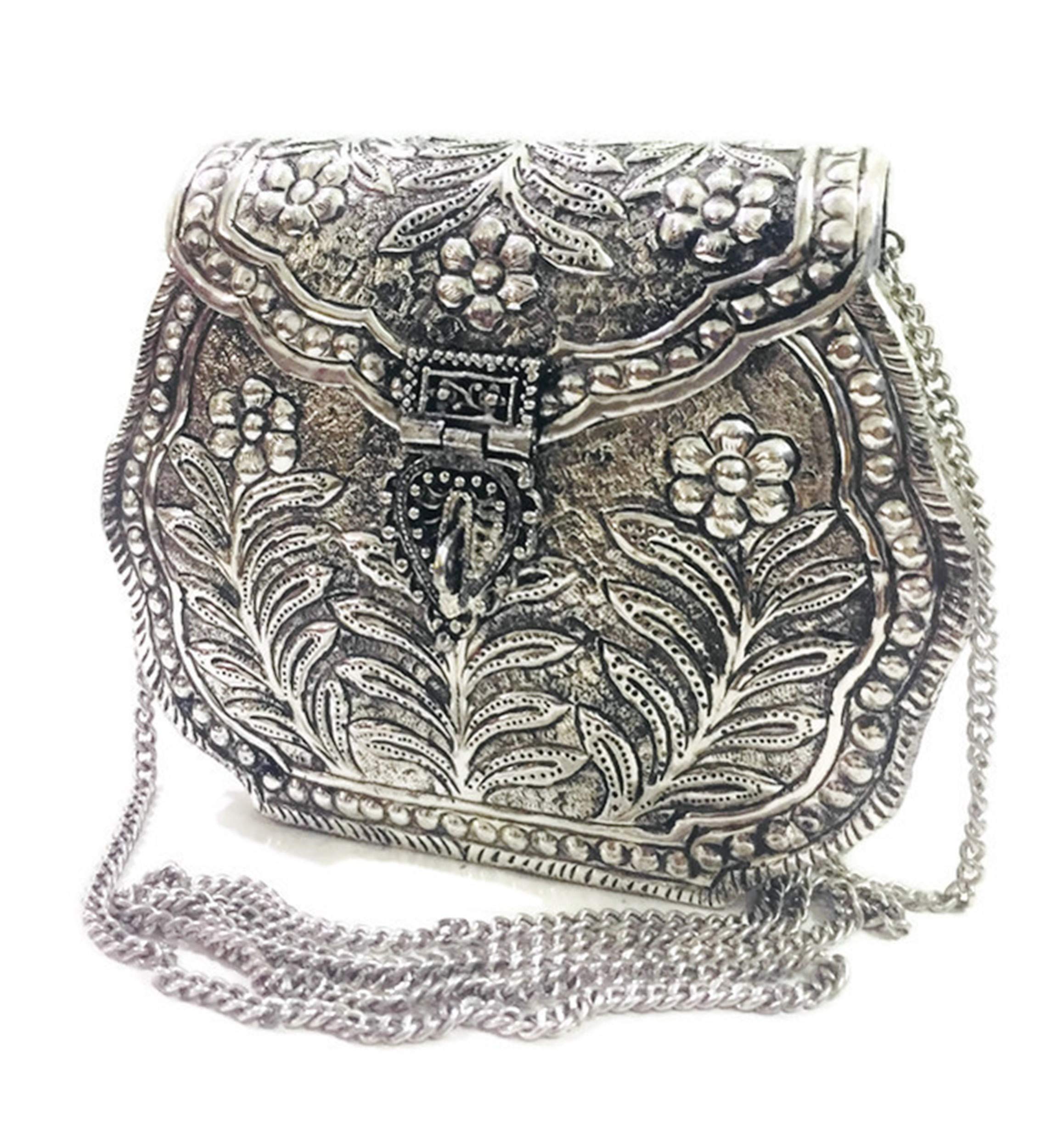 Indian Vintage Brass silver clutch Purse antique Ethnic Handmade Women metal white wallet
