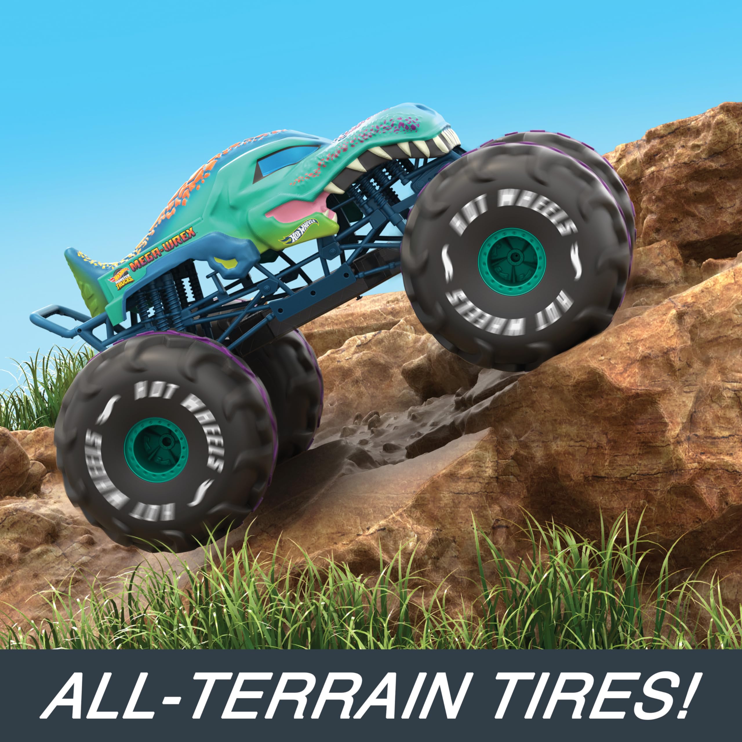 Hot Wheels Monster Trucks RC Toy, Large Remote-Control 1:6th Scale Mega-Wrex, All-Terrain Tires, 2ft+ Long