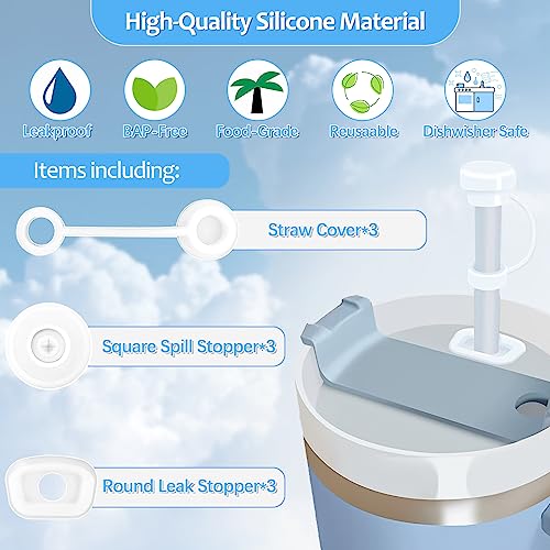Toffos Silicone Spill Proof Stopper Set of 3, Compatible with Stanley Cup 1.0 40oz/ 30oz, Tumbler Accessories, Including 3 Straw Cover Cap, 3 Square Spill Stopper and 3 Round Leak Stopper