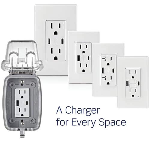 Leviton T5636-W 60W USB Dual Type-C Power Delivery In-Wall Charger with 15A Outlet, USB Charger for Laptops, Smartphones, Tablets, and More, White