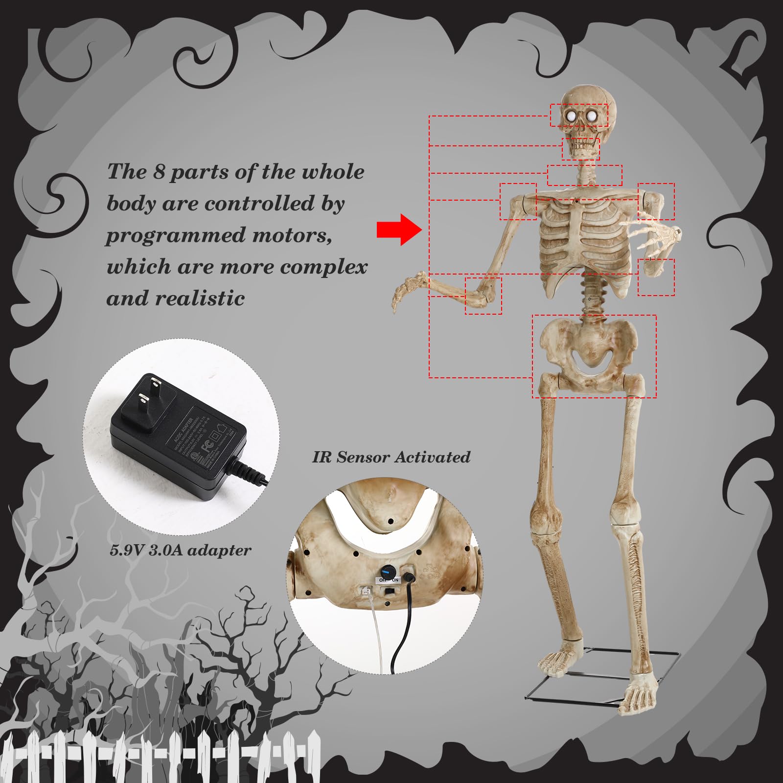 Jenaai 5.3 Ft Halloween Skeleton Decoration Skeleton Grim Animatronic Talking with Creepy Sound Effect, Full Body Posable Human Bones, LED Realistic Glowing Movable Eyeball, for Halloween Party Yard