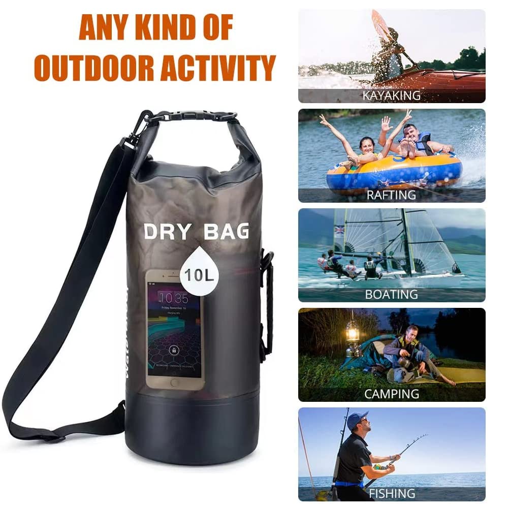 JSL HOME Waterproof Backpack Dry Bags Translucent Perfect for Boating Kayaking Hiking Canoeing Fishing Swimming Camping Snowboarding Adjustable Shoulder Strap (Black, 10L)