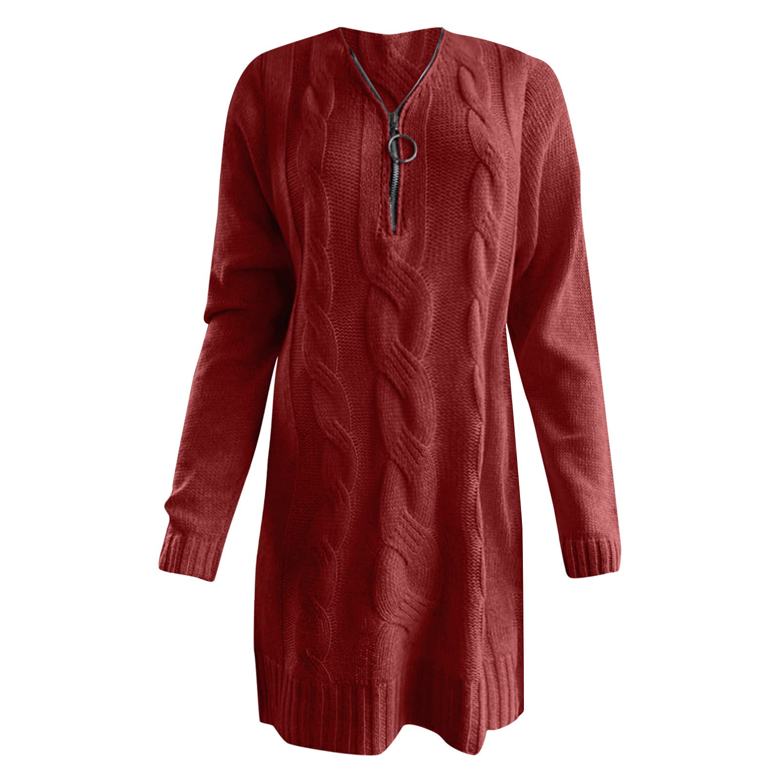 Keepfit Long Sleeve Solid Sweater Dress for Women Knitted Zipper V Neck Wrap Dress Spring Fall Winter Mini Dress Red