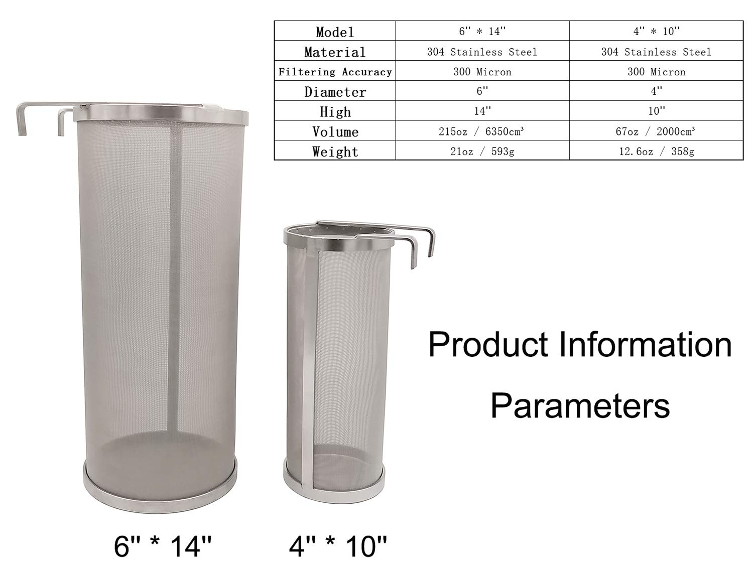 Hop Hopper Spider Strainer Basket Filter for Homebrew Hops Beer & Tea Brewing Bucket Fermenter Kettle, 304 Stainless Steel 300 Micron Mesh - 6" x 14"