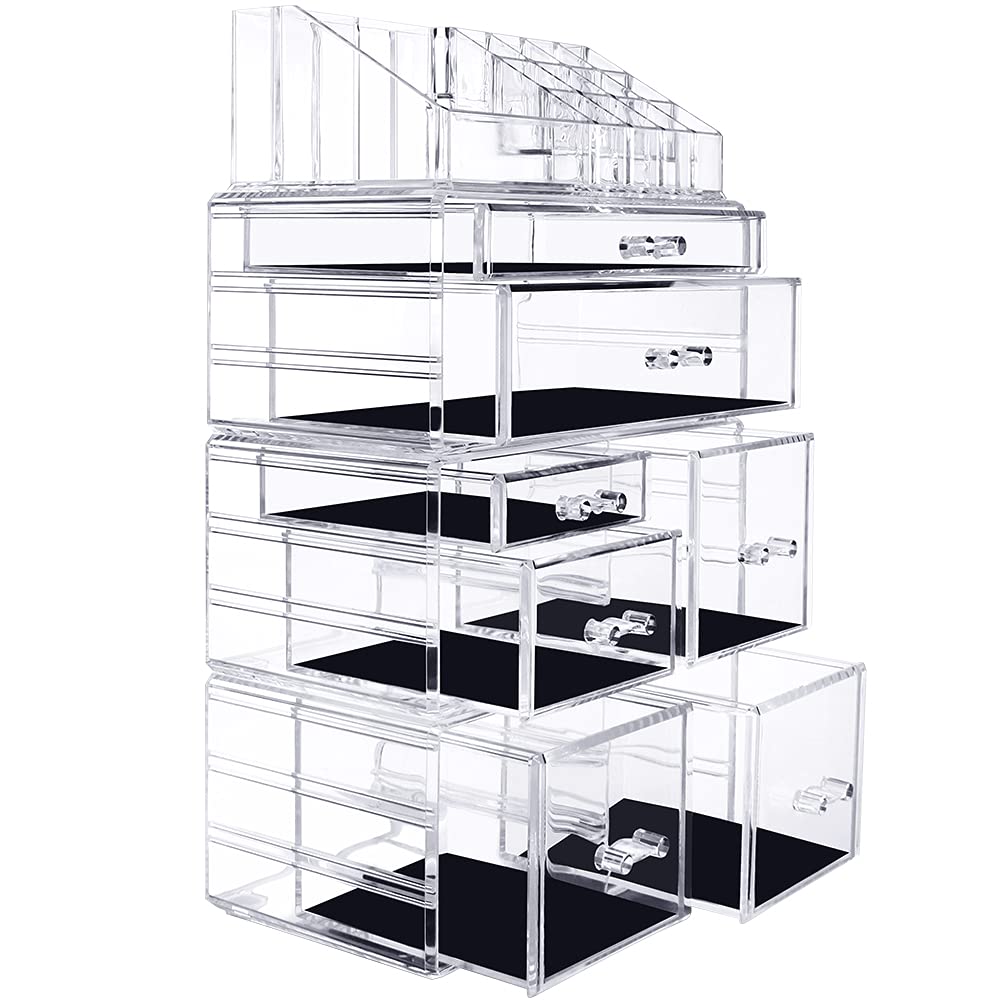 InnSweet Makeup Organizer Acrylic Cosmetic Storage Drawers, Large Makeup Storage Boxes Jewelry Display Cases with 7 Drawers, 4 Piece, Transparent