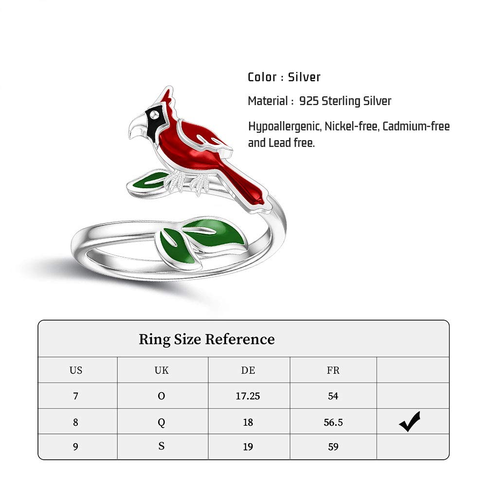 JUSTKIDSTOY Cardinal Rings 925 Sterling Silver Cute Red Bird Adjustable Open Ring Jewelry Memorial Gifts for Women Mother