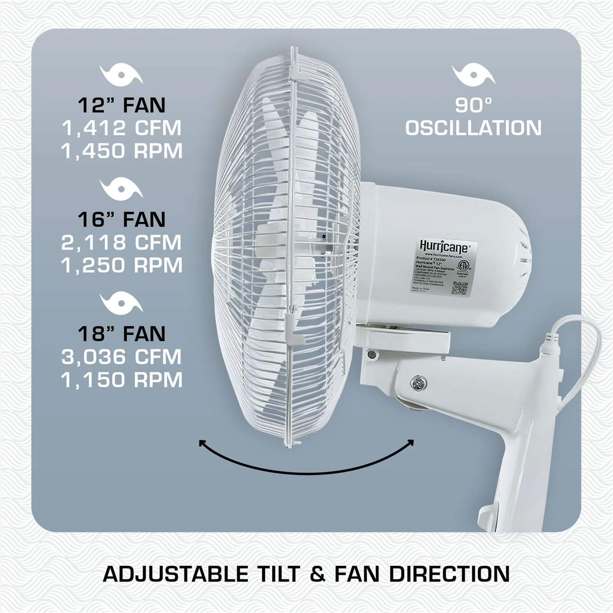 Hurricane Supreme 12" Oscillating Wall Mount Fan – Space-Saving, Powerful & Quiet 3-Speed Airflow, Adjustable Tilt for Home, Garage, Gym, and Workshop