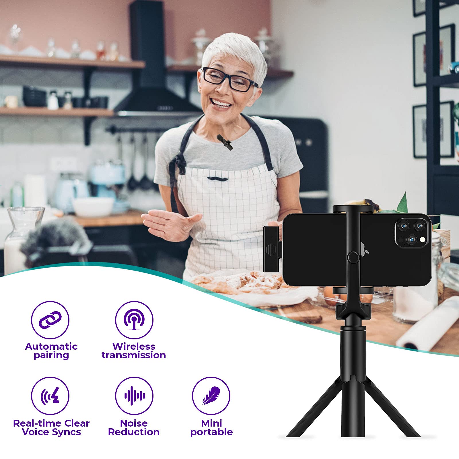 JSSEVN Wireless Lavalier Microphone Compatible with iPhone iPad, Plug-Play Wireless Mic for Recording, YouTube, TikTok, Facebook Live Stream, Noise Reduction Auto-Sync (NO APP or Bluetooth Needed)