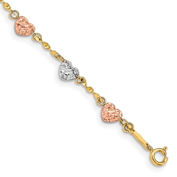 IceCarats 14K Tri Color Gold Heart Love Chain Charm Bracelet 7 inch