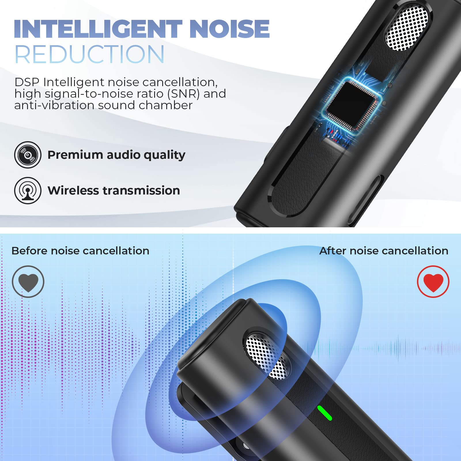 JSSEVN Wireless Lavalier Microphone, Plug-Play Wireless Mic Compatible with iPhone iPad, Auto Sync Noise Reduction Mic for Recording, YouTube, Facebook Live Stream, NO APP or Bluetooth Needed