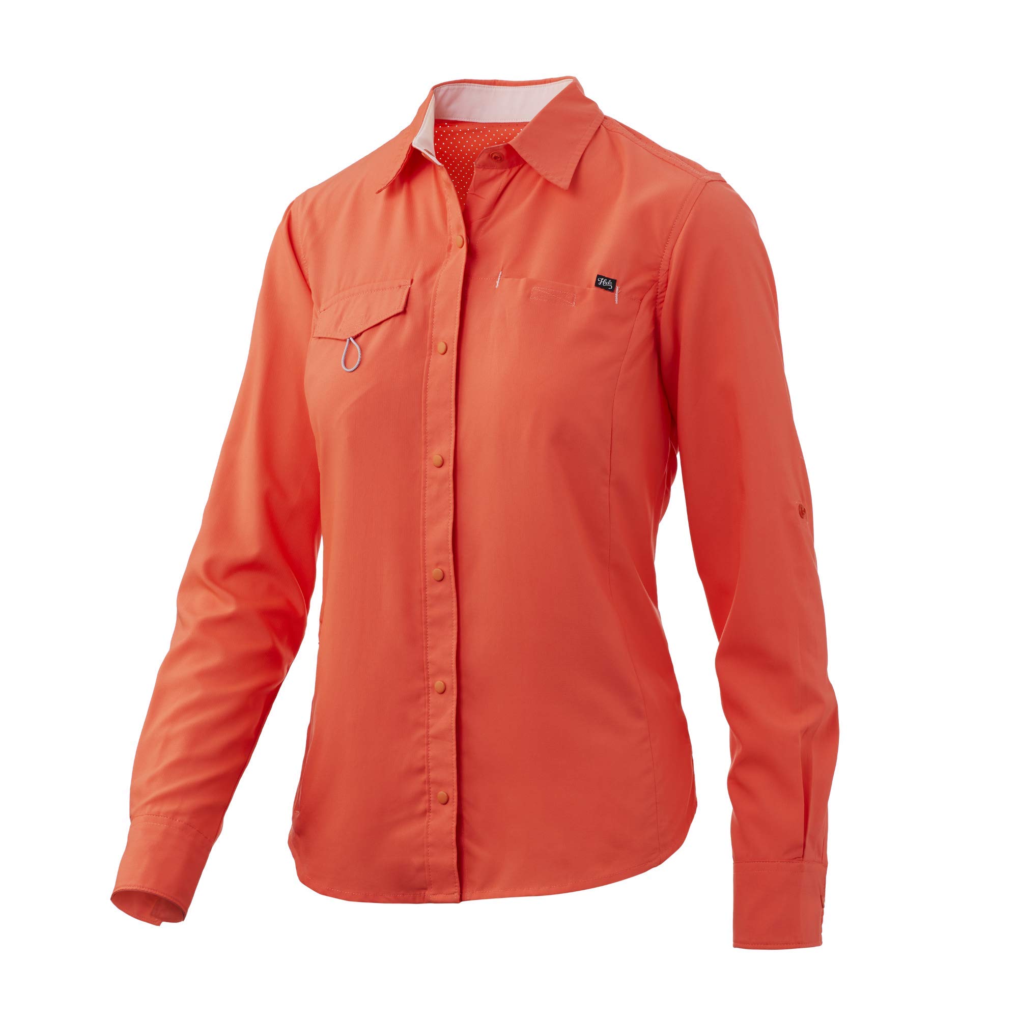 Huk Women's Salty Long Sleeve| Button Down Fishing Shirt +Sun Protection, Coral, Medium
