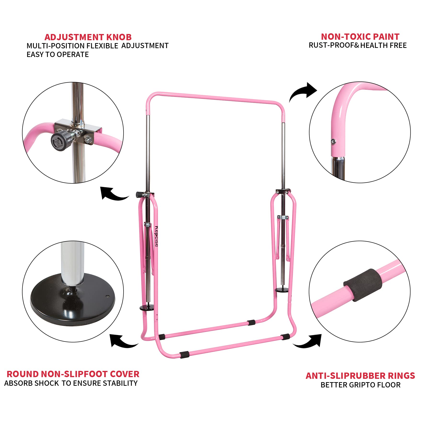 Kepcise Expandable Gymnastics Bar, Folding Horizontal Kip Bar with 3 to 4.2 FT Adjustable Height, Home Indoor Training Monkey Bar Equipment with Triangular Structure for Kids Gymnasts Beginner(Pink)