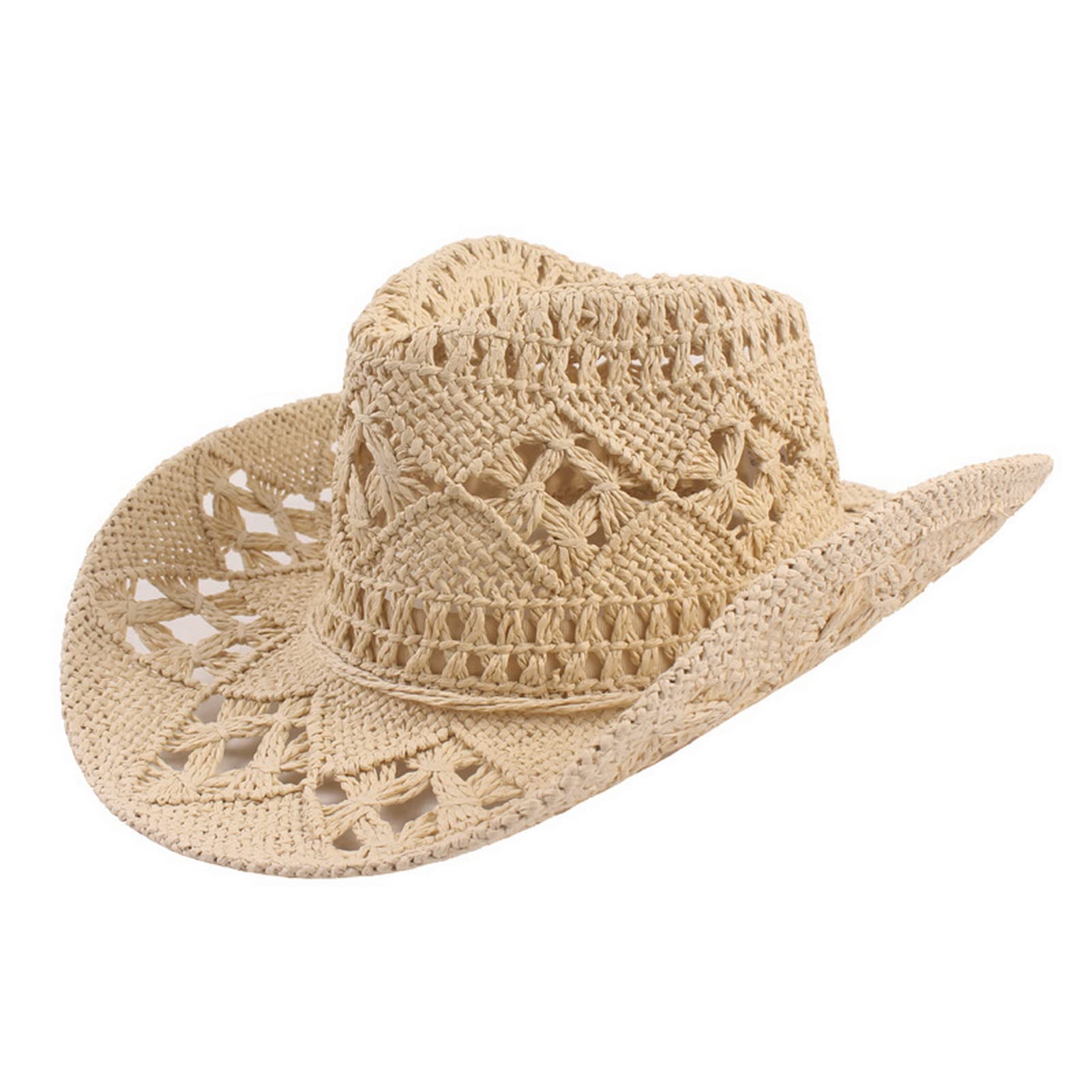 Jokejojack Straw Hat Hollow Out Cowboy Hat with Belt Cowgirl Sun Hat Summer Beach Travel Beige