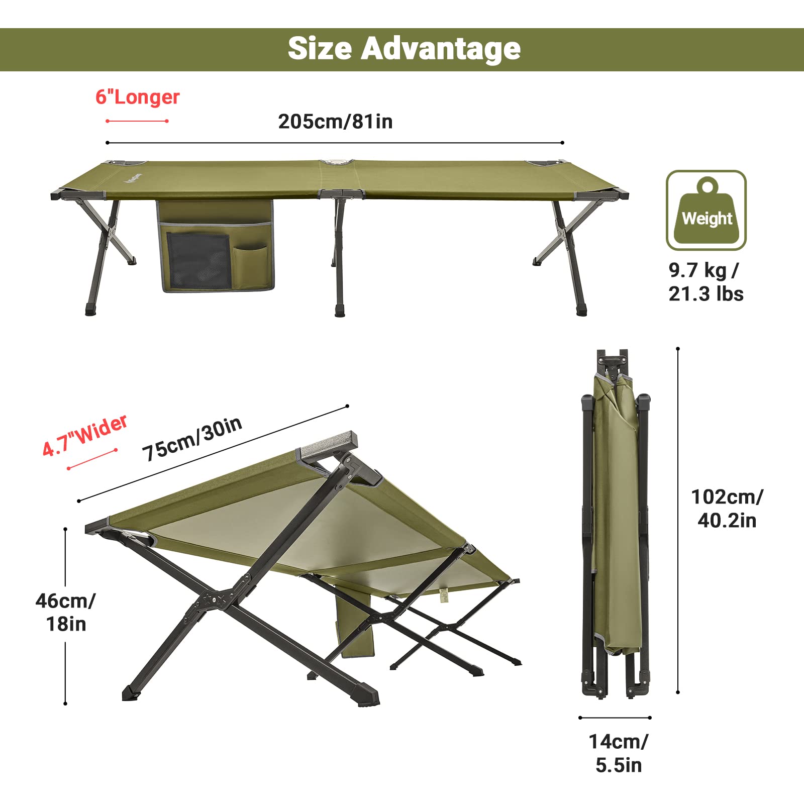 KingCamp XL Portable Folding Camping Cot for Adults, 81" x 30" Extra Long Wide Lightweight Sleeping Cot for Hiking, Backpacking, Outdoor with Side Pocket Camp Office Travel Use, Green