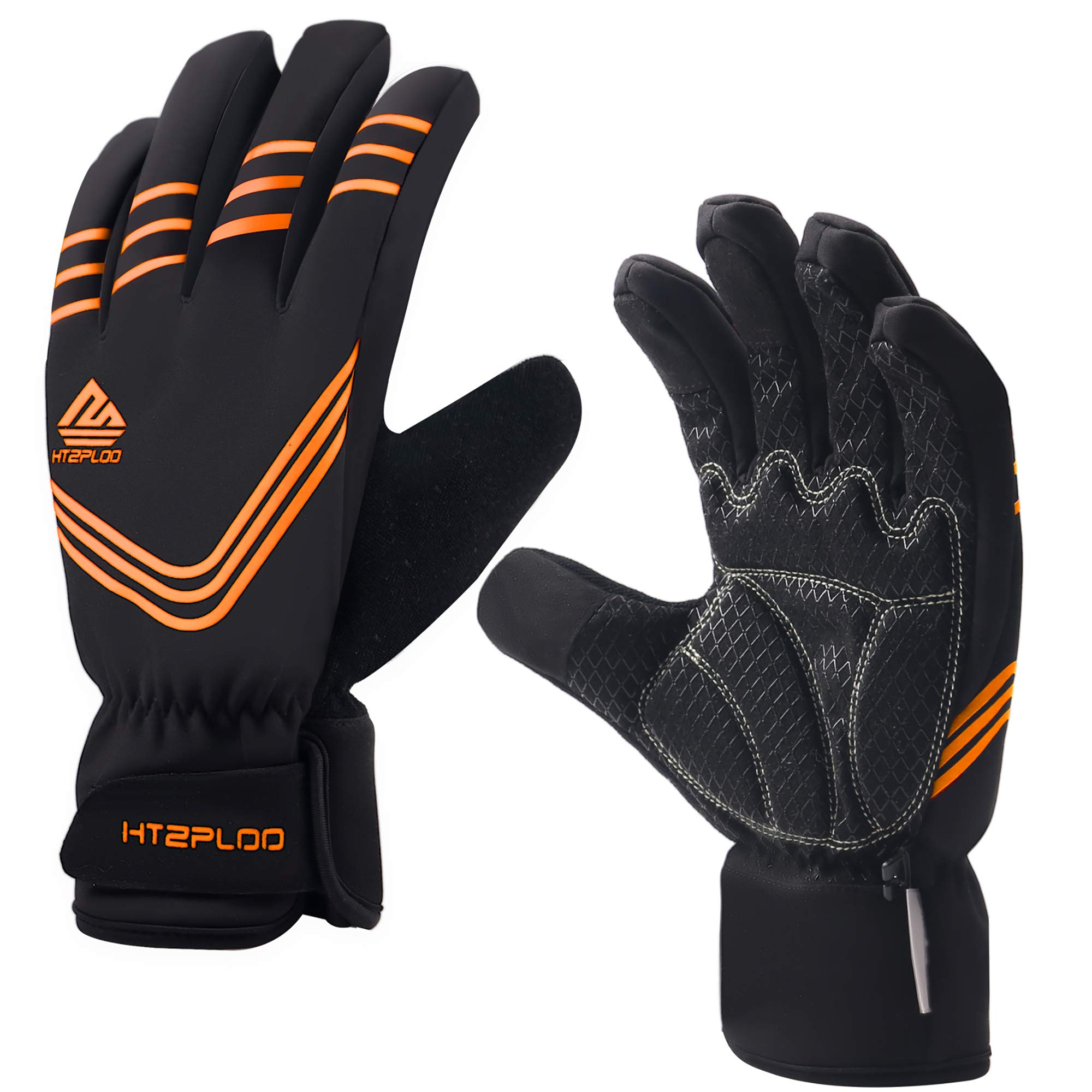 HTZPLOO Winter Bike Gloves Cycling Gloves for Men Waterproof&Windproof Biking Gloves Anti-Slip Shock-Absorbing Full Finger Flexible Bicycle Gloves (Orange-Full Finger, Large)