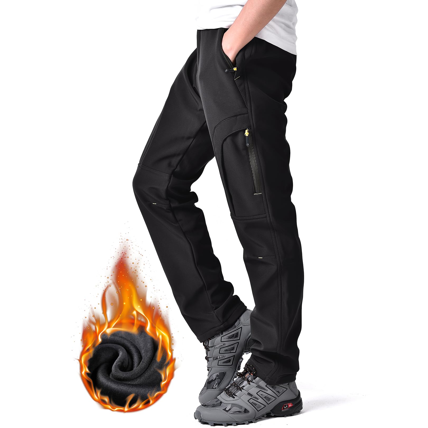 Hubunucc Men's Fleece Lined Soft Shell Winter ski Insulated Water and Wind-Resistant Hiking Rain Pants,MH4409,Black,US 34