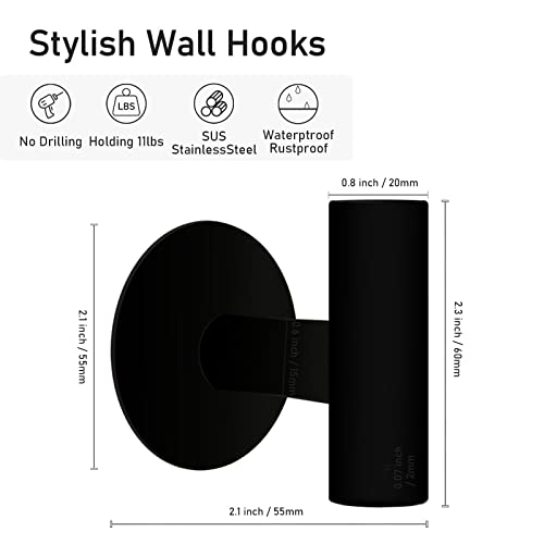 Towel Hook for Bathrooms Adhesive 2 Packs, Coat Hooks for Hanging Clothes, Heavy Duty Robe Towel Hangers for Shower Door Wall Mounted, Key Holder Wall Command Hook for Kitchen (Matte Black)