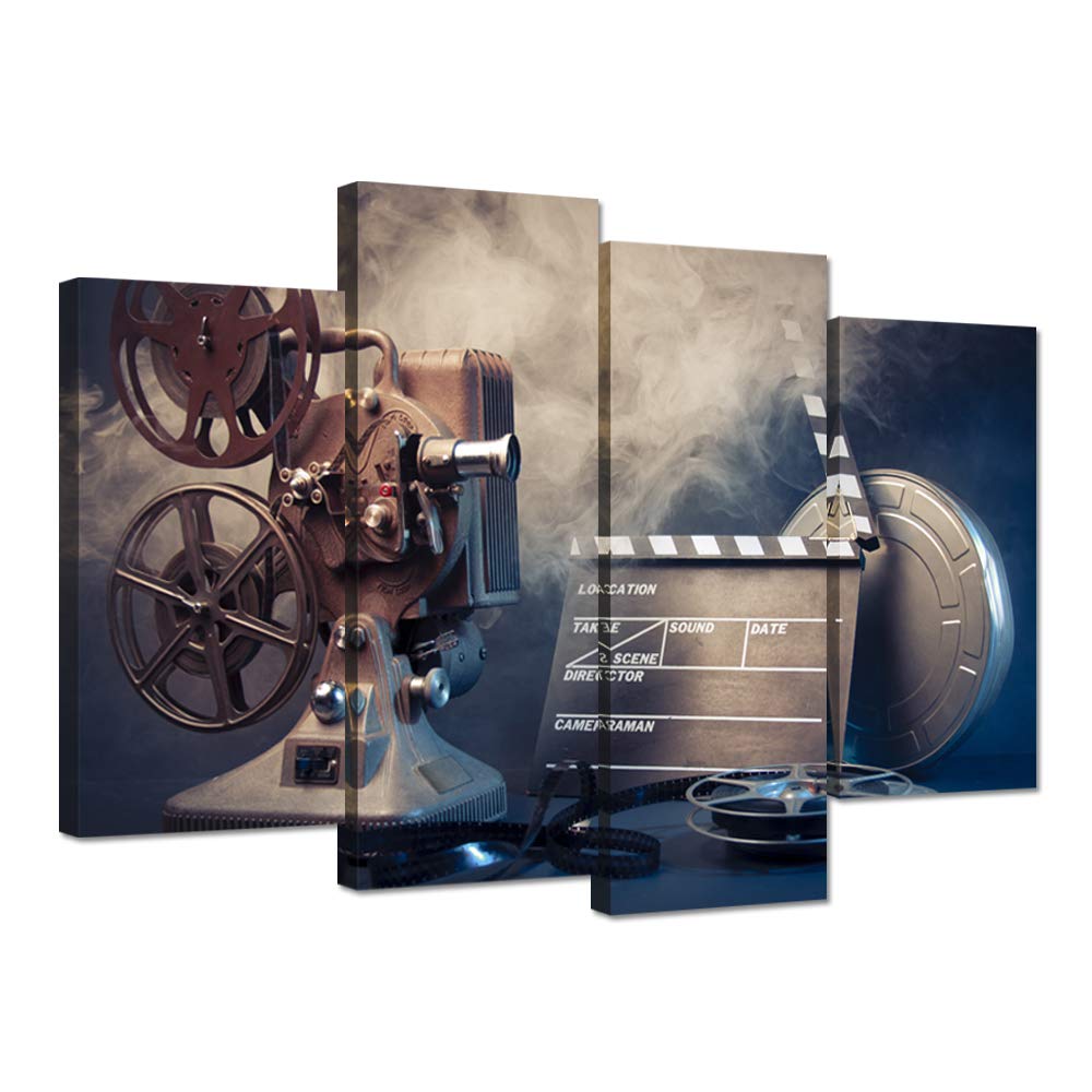 iHAPPYWALL 4 Panel Old Film Canvas Wall Art Filmmaking Concept Scene Dramatic Lighting Still Life Picture Stretched and Framed For Living Room Bedroom Home Decor Ready To Hang