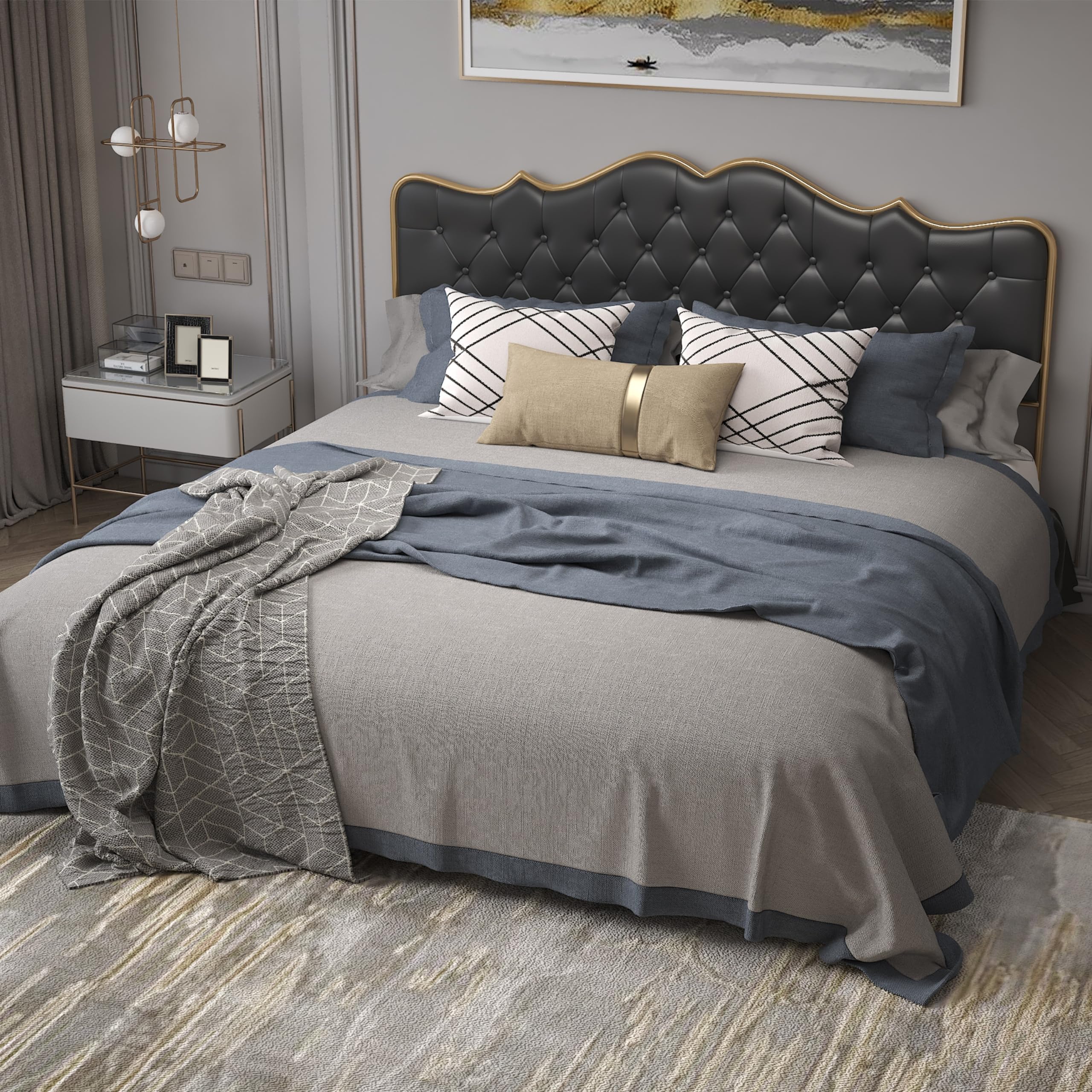 IULULU King Bed Frame, Upholstered Platform Bed Frame with with 4 Storage Drawers and Faux Leather Headboard, King Size Mattress Foundation with Wooden Slats Support, No Box Spring Needed, Black