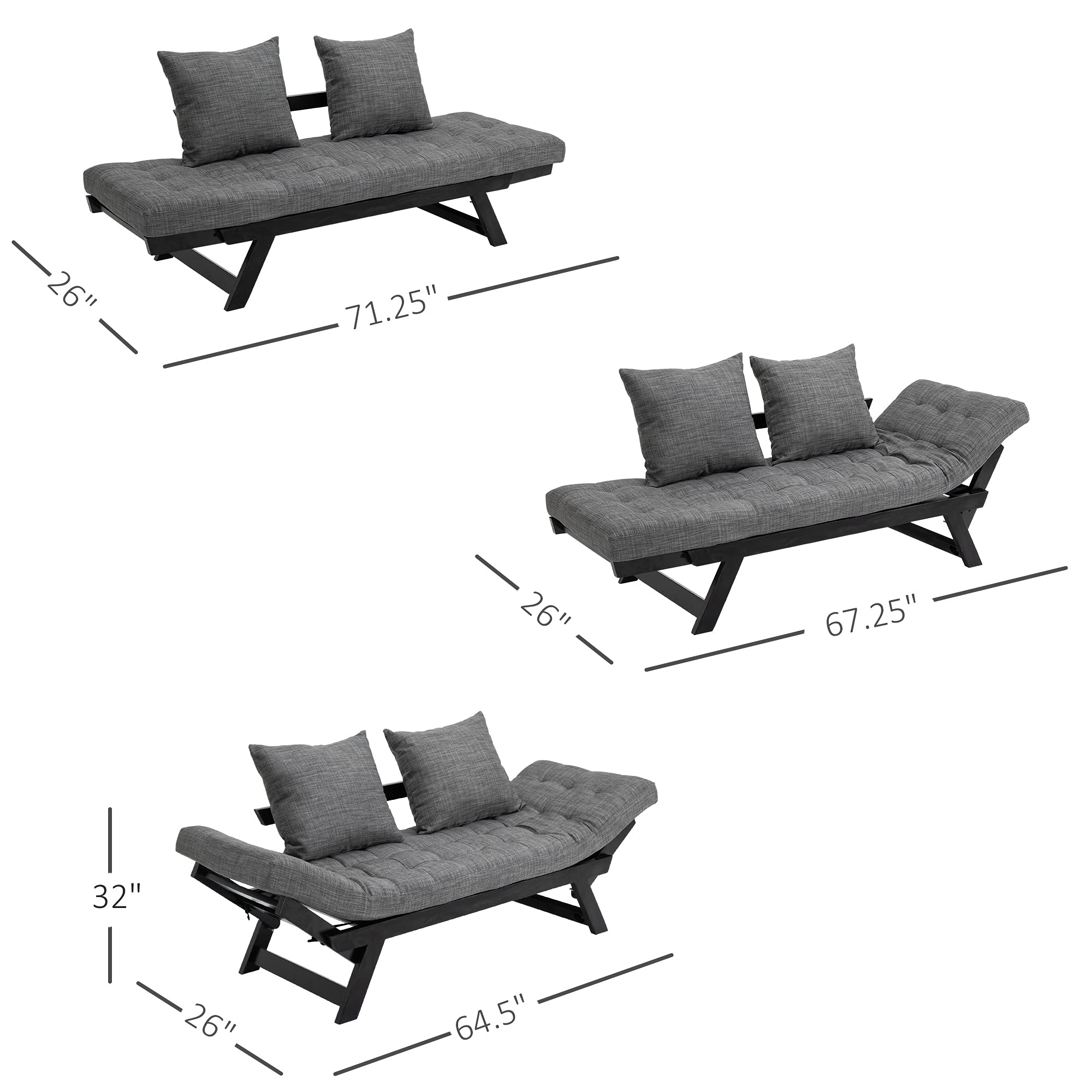 HOMCOM Single Person 3 Position Convertible Chaise Lounger Sofa Bed with 2 Large Pillows and Oak Frame, Light Gray