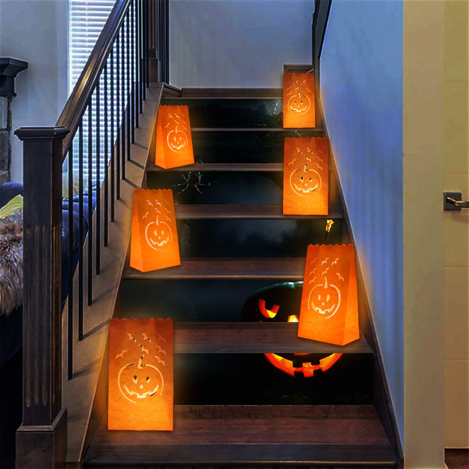 Homemory 24 Pack Halloween Luminary Bags, Flame Resistant Luminaries, Orange Tea Light Candle Bags for Halloween Decoration, Parties, Fall Festival