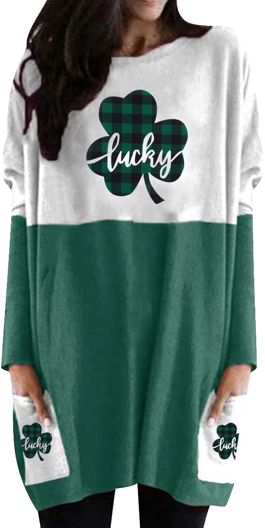 MOUSYA St Patrick's Day Dress Shirt Women Clover Heart Long Sleeve Tops Plus Size Color Block Sweatshirt with Pockets