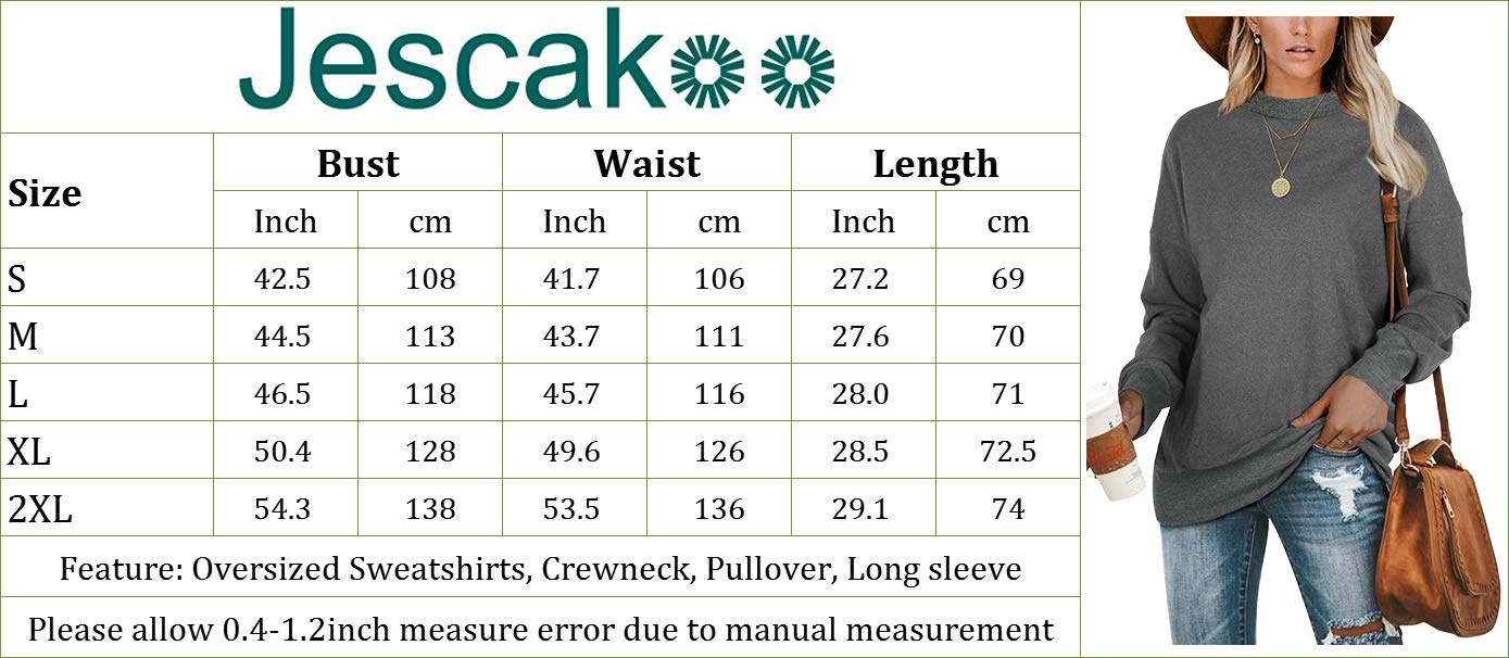 Jescakoo Crewneck Sweatshirt Women Casual Oversized Tops Pullover Winter Grey L