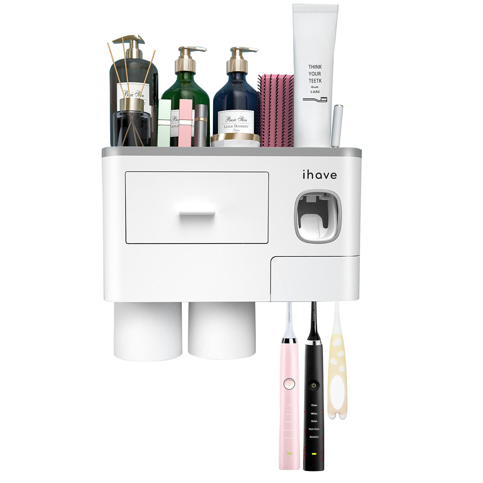 iHave Toothbrush Holders for Bathrooms, 2 Cups Toothbrush Holder Wall Mounted with Toothpaste Dispenser - Large Capacity Tray, Cosmetic Drawer - Bathroom Decor & Bathroom Accessories