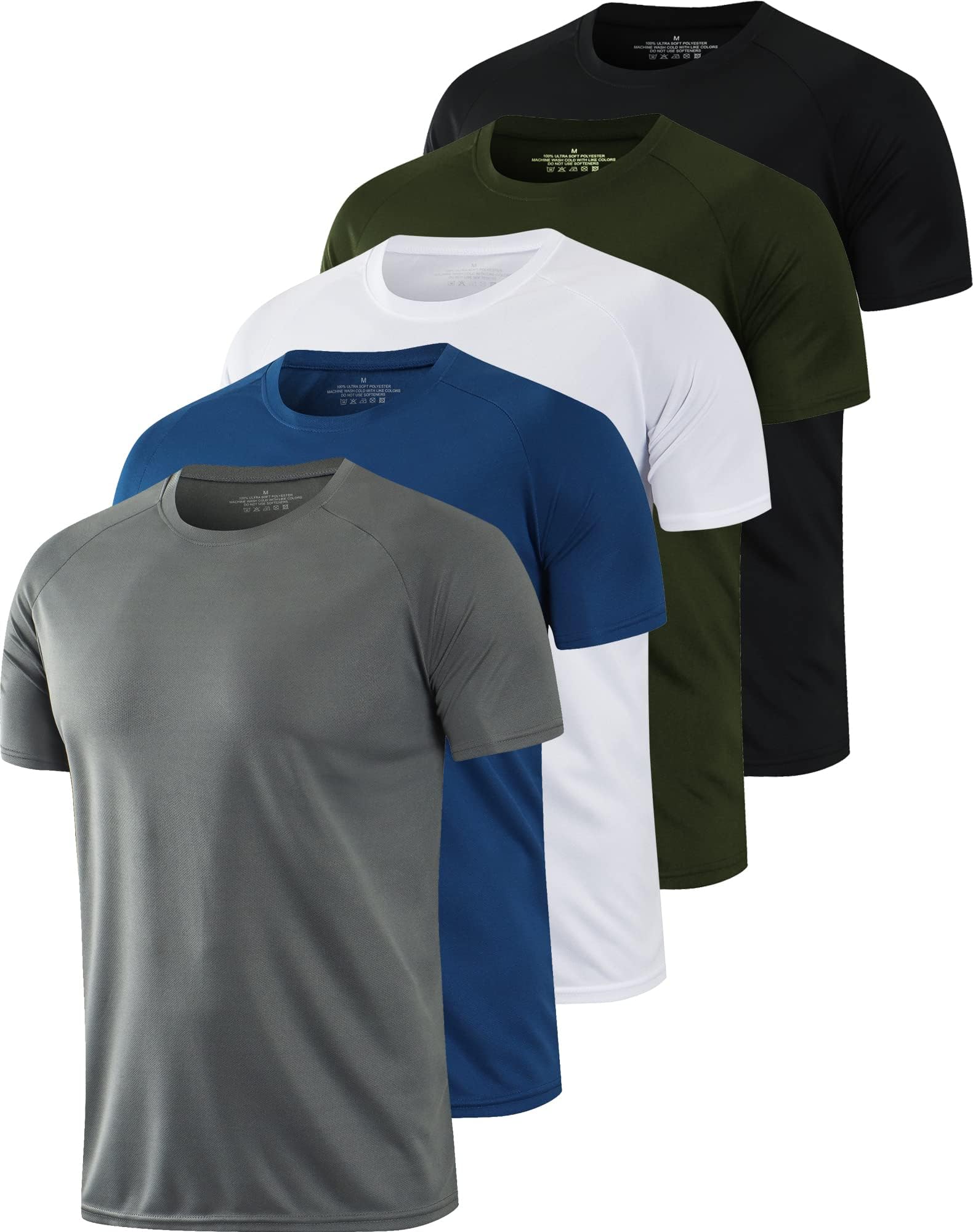 HOPLYNN 5 Pack Mesh Workout Shirts for Men Quick Dry Short Sleeve Athletic Dry Fit T-Shirt Moisture Wicking Black White Grey Blue Green 2XL