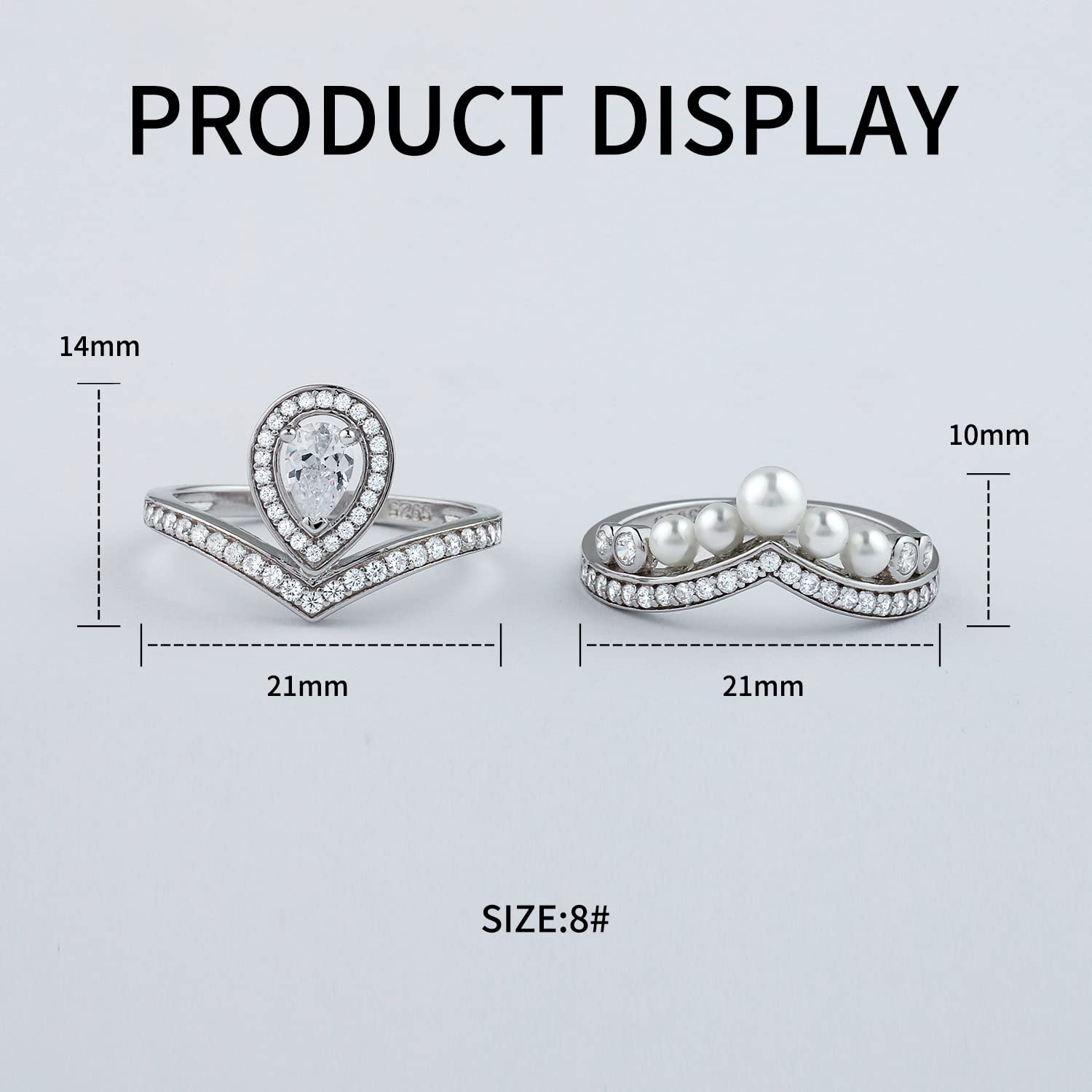Kemstone 925 Sterling Silver Rings Water Droplets and Pearl 2 Piece Ring Sets for Women (8)