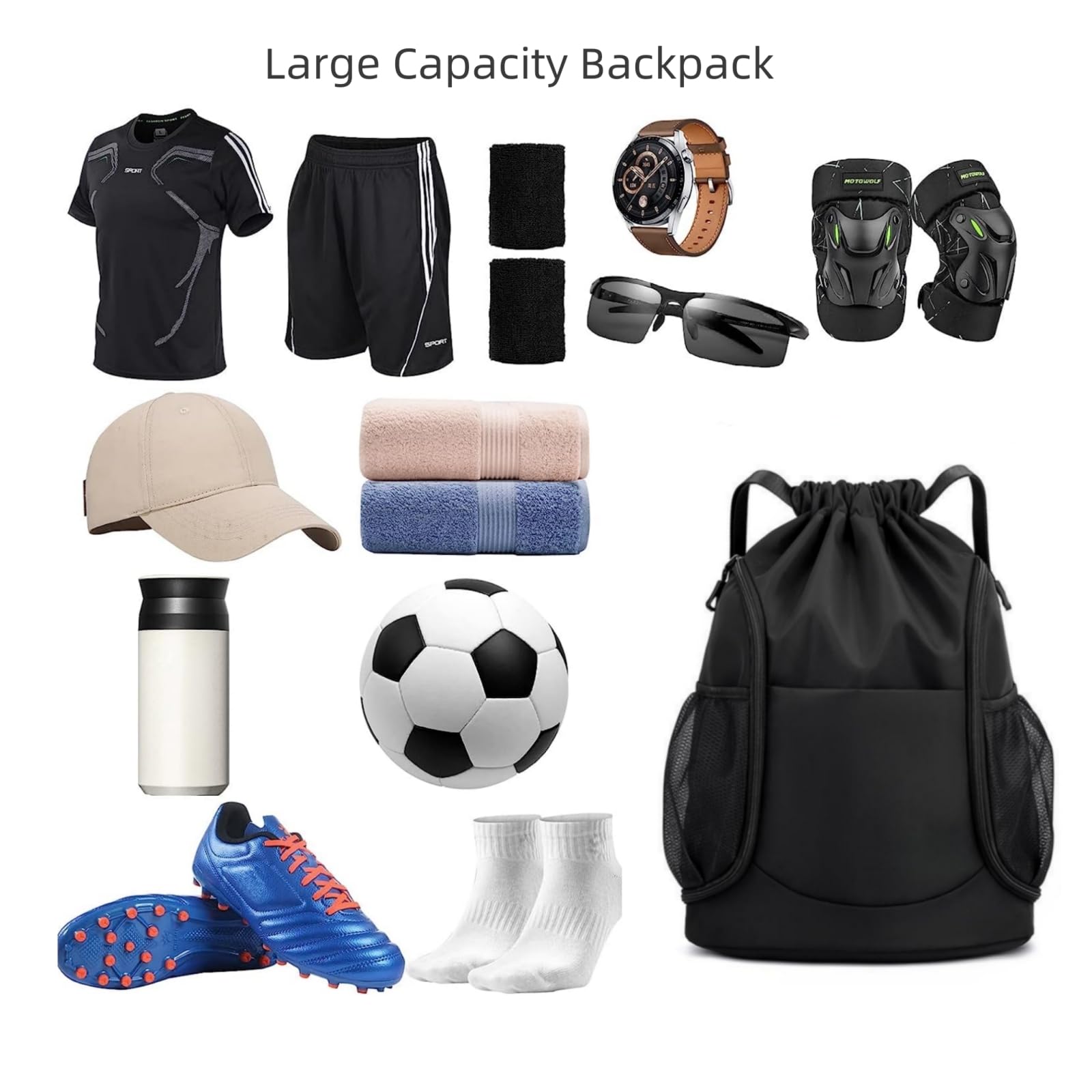 Gym Backpack for Women, Drawstring Soccer Bag, Waterproof Sports Basketball Soccer Backpack for Men with Shoes Compartment (Black-1)