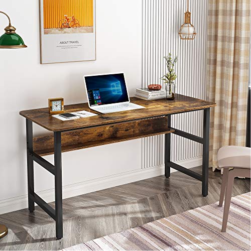JEROAL 55 Inch Computer Desk with Bookshelf, Wood PC Laptop Workstation, Study Writing Table with Metal Frame for Home, Office and Study Room, Rustic Brown