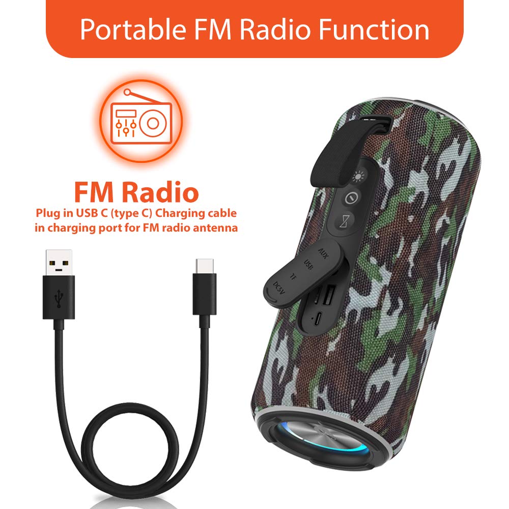 IPX 7 Waterproof Uolo Pulse Glowave Bluetooth & FM Radio Portable Wireless Speaker [16W] Stereo Sound, 24+ Hours Playtime, Built-in Mic & LED colors Lights-Compatible for iPhone, Samsung [Camo]