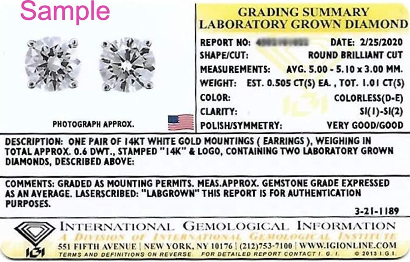 IGI Certified 1 Carat D-E Color Lab Grown Diamond Round Stud Earrings in 14k Yellow Gold 4-Prong Set Screw Back by Beverly Hills Jewelers
