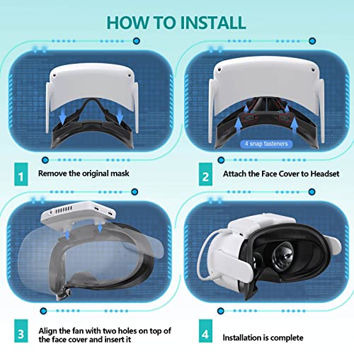VR Face Pad for Oculus Quest 2, Upgraded Cooling Fan with 3 Cooling Speeds and 2-Brightness Tracking in Dark, Soft PU Face Cover Facial Interface for VR Accessories Fan Cooler with Charging Function