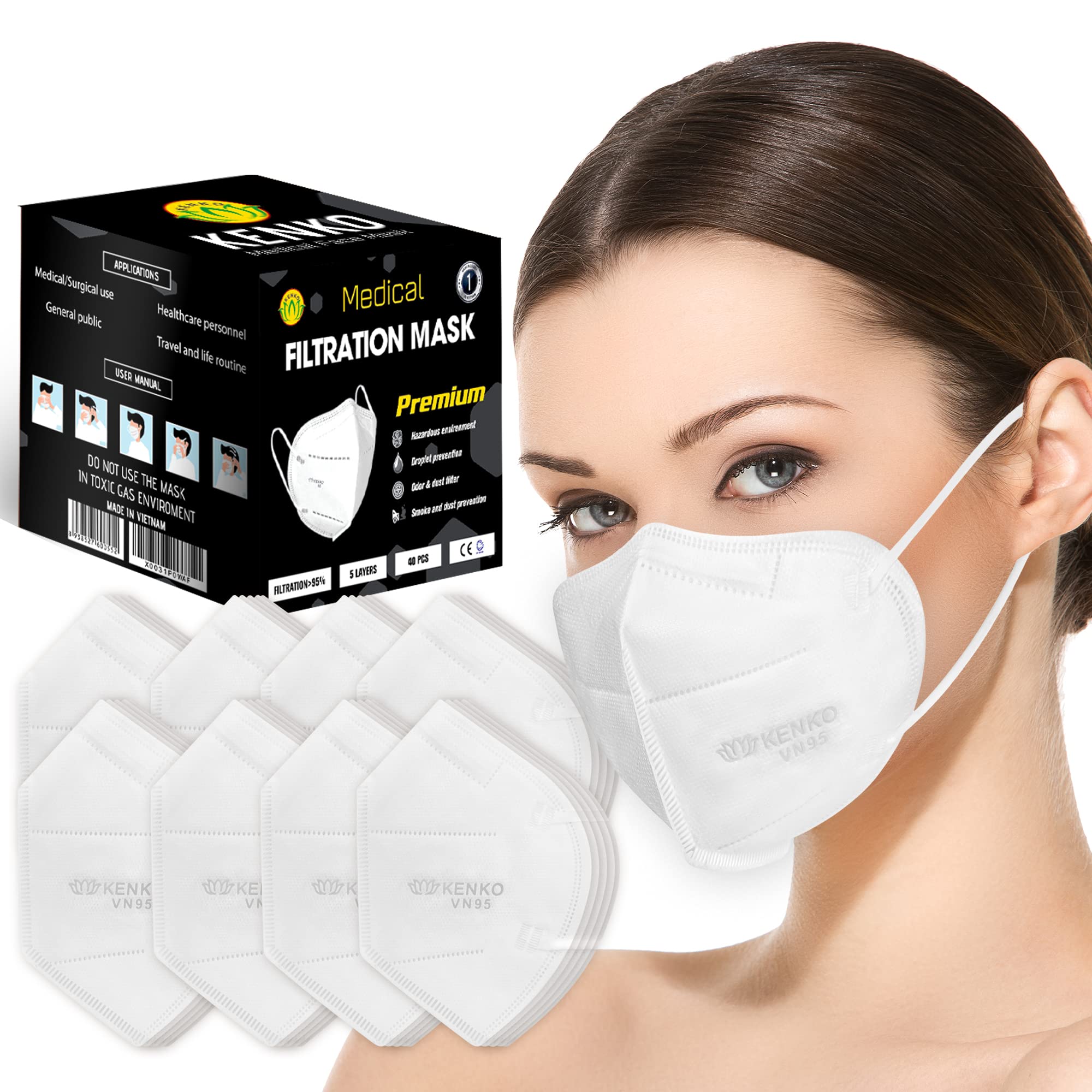Kenko Medical Face Masks 5 Layers 5D Design Premium White 20 pcs Disposable Breathable Filtration Mask Respirator Cup Dust Safety (20, White)