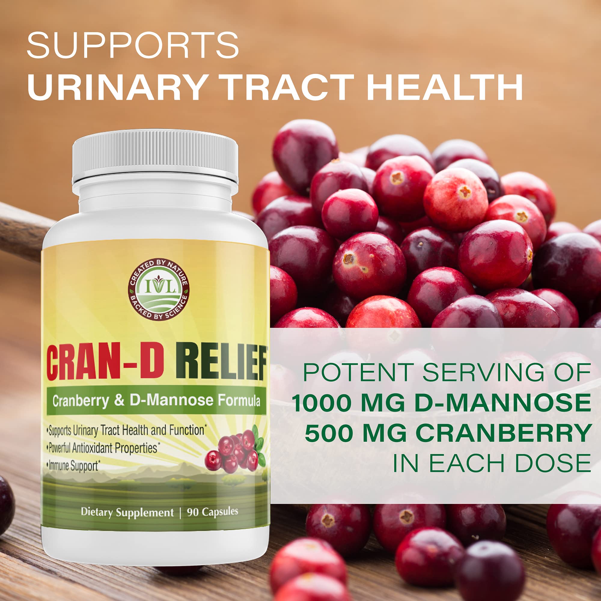 IVL Cran-D Relief – D-Mannose and Cranberry Supplement for Urinary Tract Health, UTI Support, Antioxidant and Immune Support