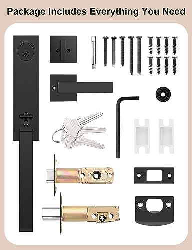 Tinewa Full Escutcheon HandleSet Front Door Entry Handle and Deadbolt Lock Set Slim Square Single Cylinder Deadbolt and Lever Heavy Duty β Matte Black Finish