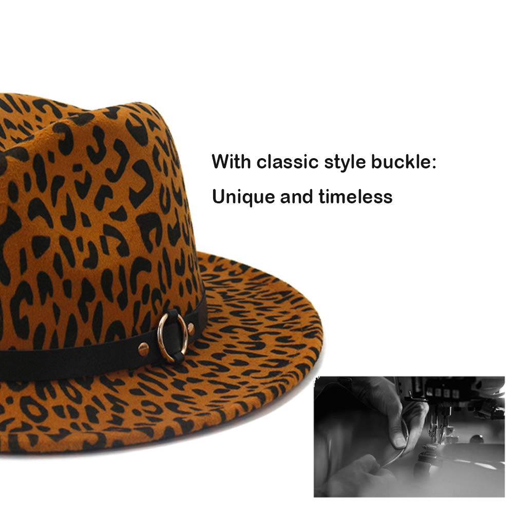 HUDANHUWEI Women's Wide Brim Felt Fedora Panama Hat with Leopard Belt Buckle Z-Khaki