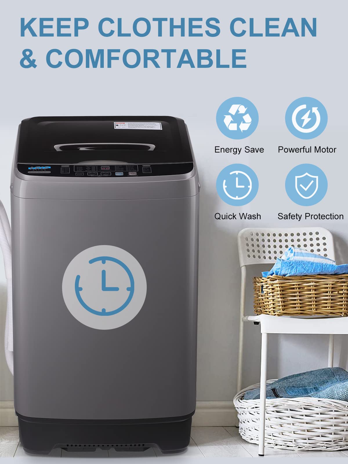 KRIB BLING Full-Automatic Washing Machine 17.7 lbs Small Compact Portable 10 Wash Program & 8 Water Level Compact Washer with LED Display Ideal for Apartments, RV, Camping, Grey