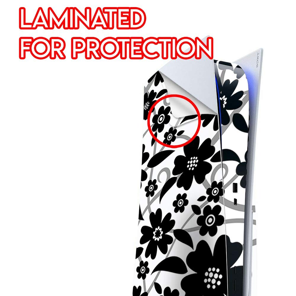 ITS A Skin Skins Compatible with Sony Playstation 5 Console Disc Edition - Protective Decal Overlay Stickers wrap Cover - Black White Flower Print
