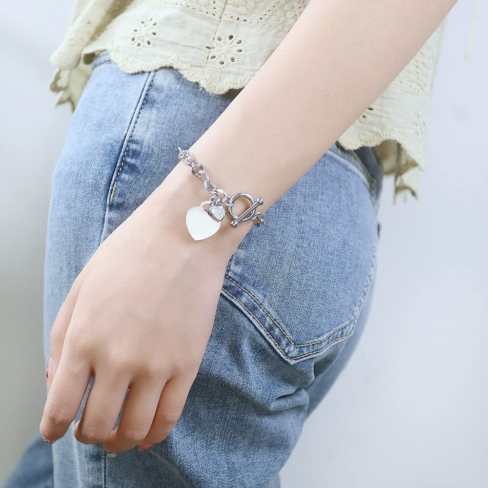 Jukoclut Stainless Steel Cubic Zirconia Heart Charm Toggle Clasp Chain Bracelets for Women Silver