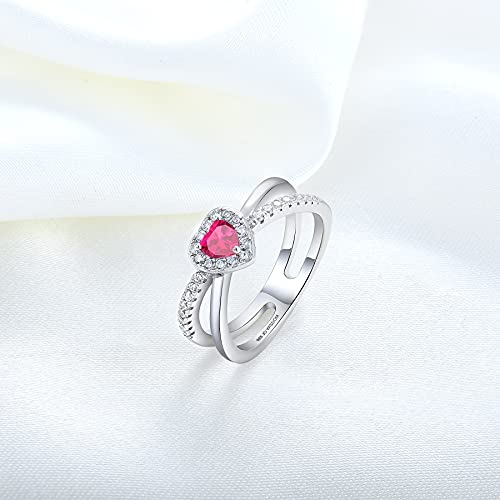 JO WISDOM Heart Rings for Women,925 Sterling Silver Ruby-Coloured Birthstone Heart Shaped Promise engagement rings for Women Size 10