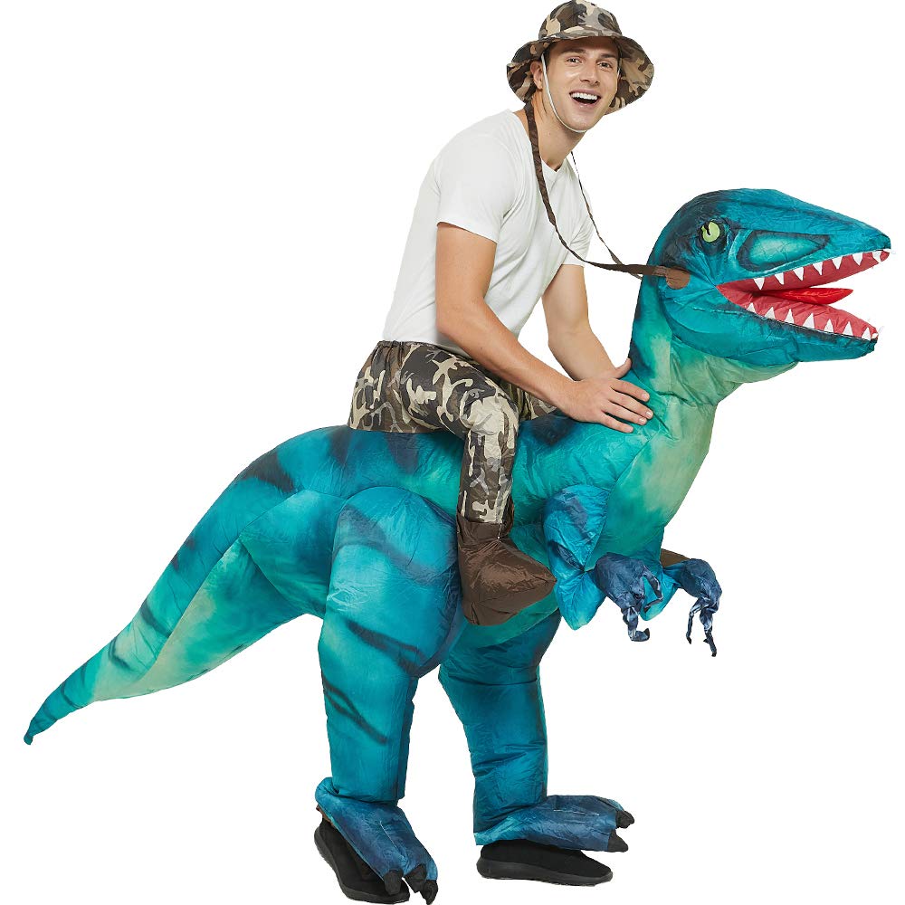 Inflatable Dinosaur Rider Costume Halloween T-Rex, Velociraptor, Blow Up with Inflation Fan (Blue)