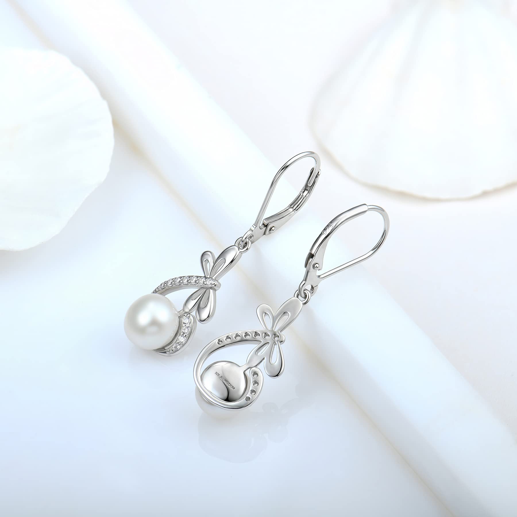 JO WISDOM Women Pearl Earrings 925 Sterling Silver Celtic Infinity Butterfly Dangle & Drop Earrings with 8mm Freshwater Pearl Jewelry